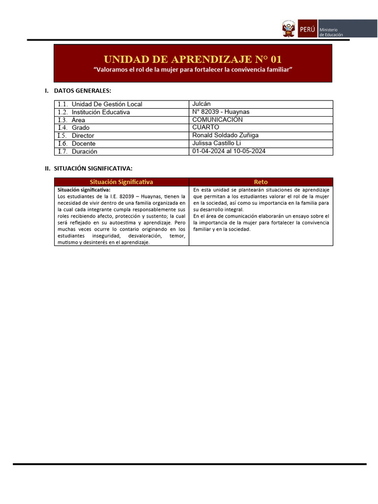 Unidad de Aprendizaje N°1 4° | PDF | Evaluación | Aprendizaje