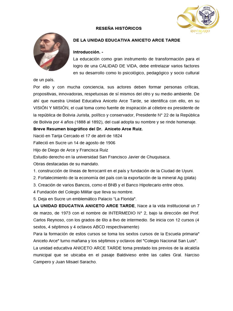 Reseña Historica de La Unidad Educativa 2023 - 1 | PDF