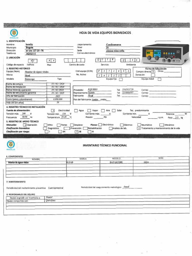 Hoja de Vida MONITOR DE SIGNOS VITALES | PDF