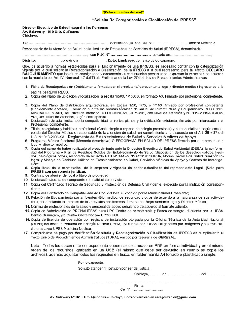Solicitud para Recategorizacion o Clasificacion de Ipress | PDF | Hospital | Medicina