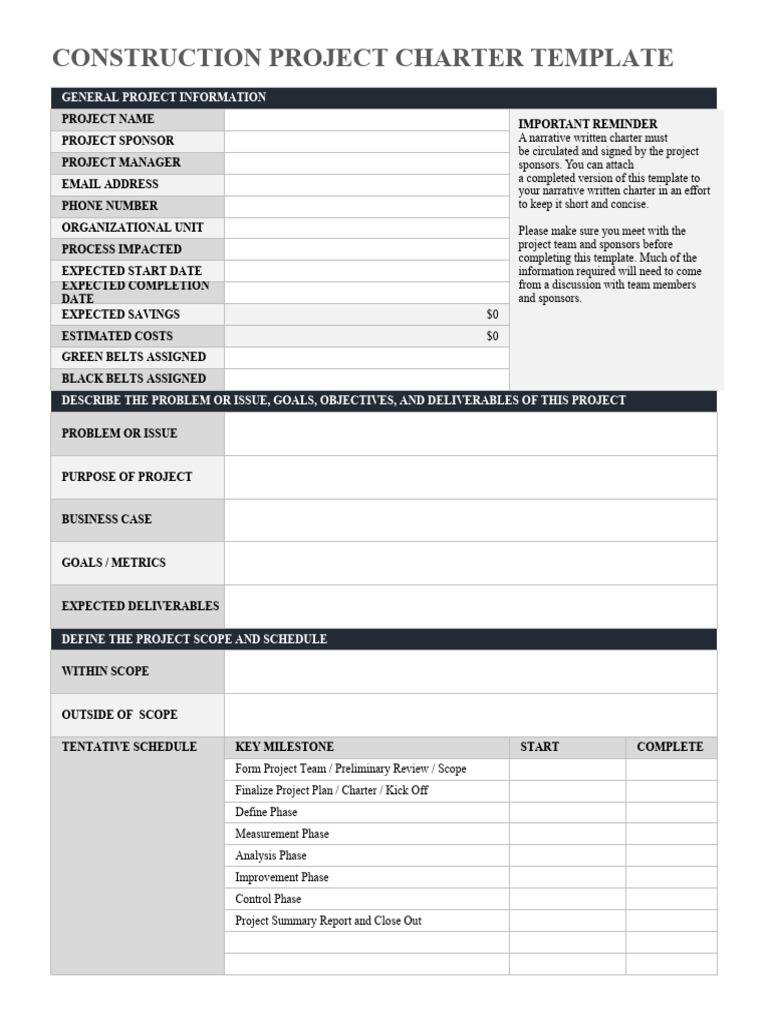Construction Project Charter Template | PDF | Information | Reliability ...