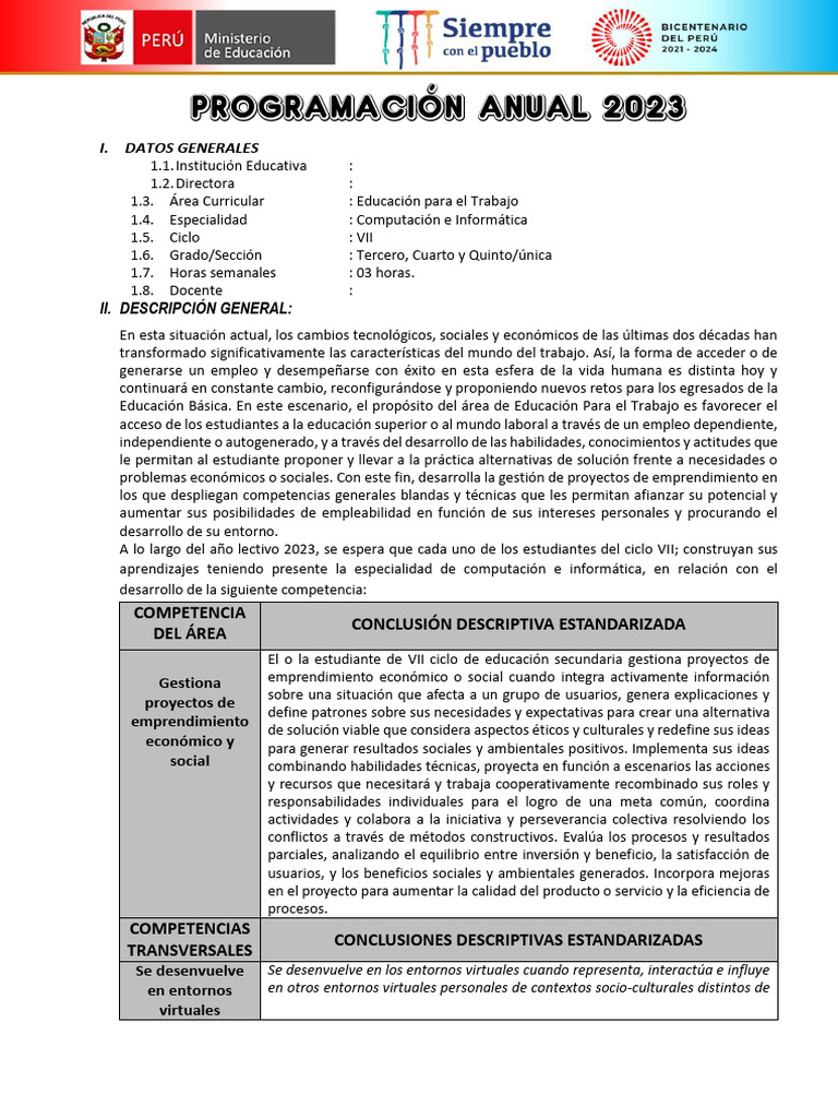 Programacion Anual Vii Ciclo | PDF | Aprendizaje | Evaluación
