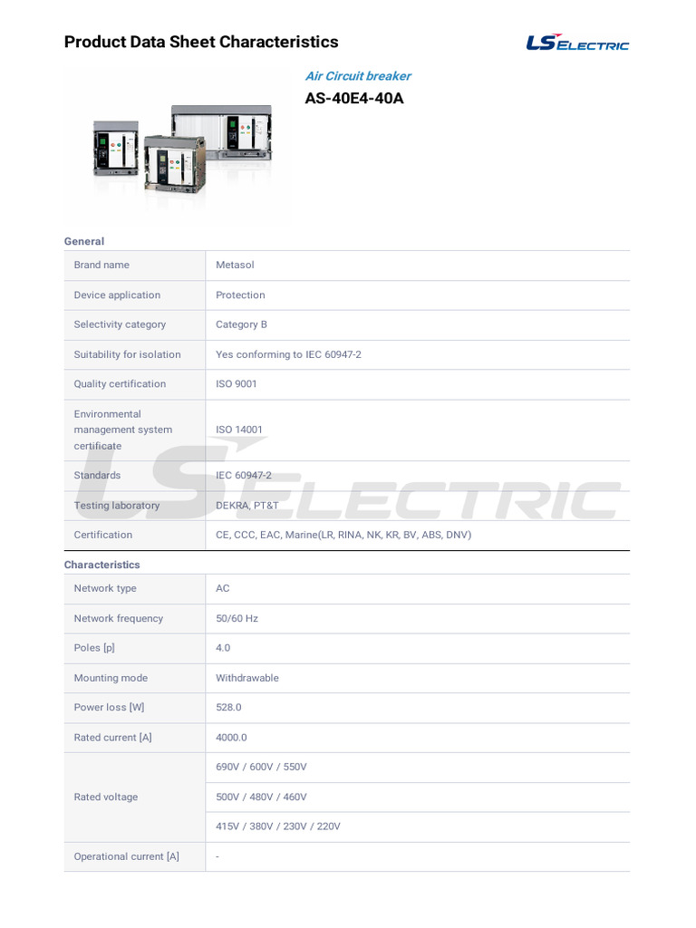 Product Data Sheet Characteristics: AS-40E4-40A | PDF | Alternating Current | Relay