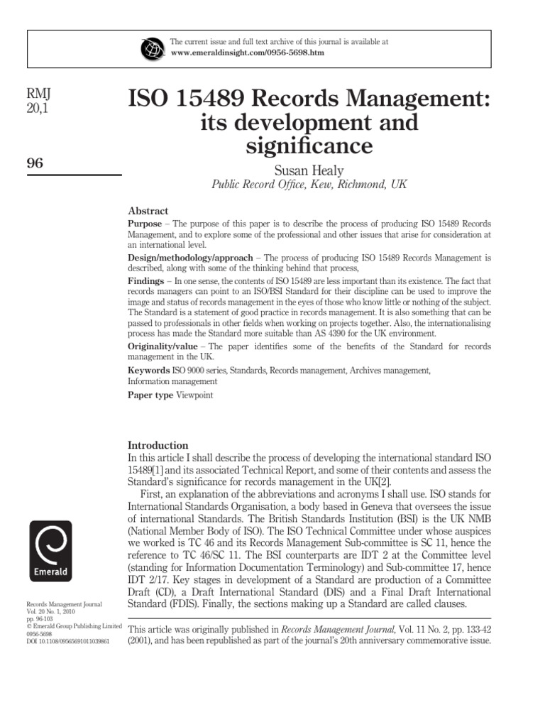 ISO 15489 Records Management: Its Development and Significance ...