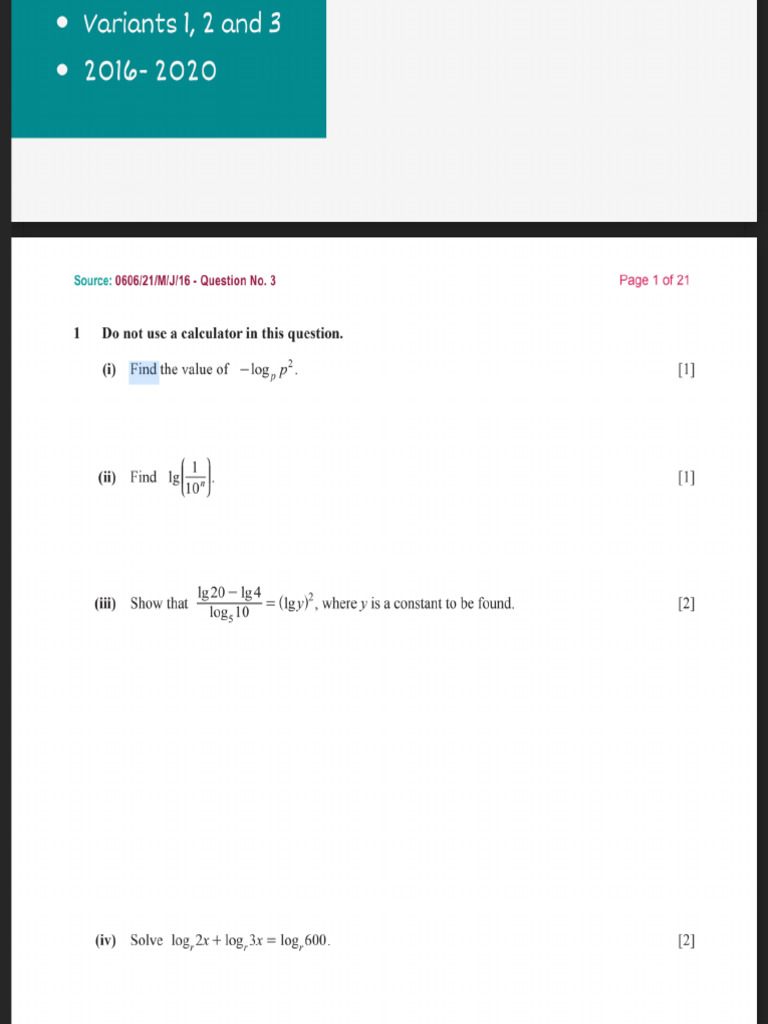 7 Cie Igcse Additional Mathematics Paper 2 Topical Past Paper Logarithmic And Exponential