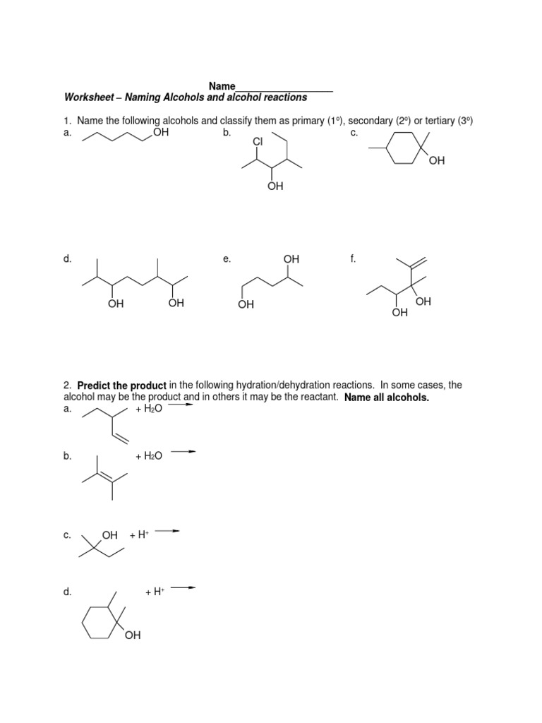 Worksheet #12 - Alcohol Nomenclature and Reactions | PDF