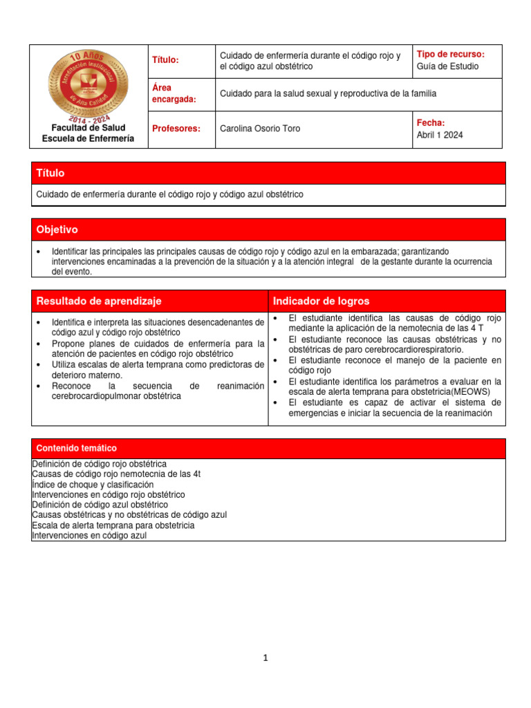 Cuidado de enfermería en códigos obstétricos | PDF | Partería | Enfermería