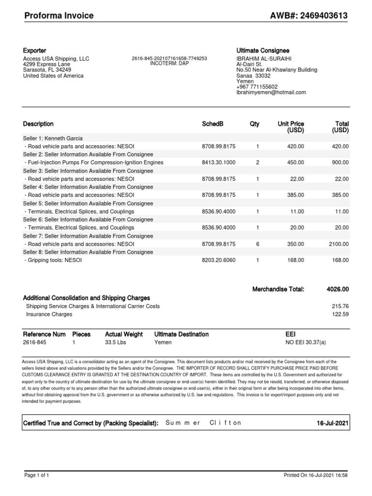 Proforma Invoice AWB#: 2469403613: 2616-845-202107161658-7749253 ...