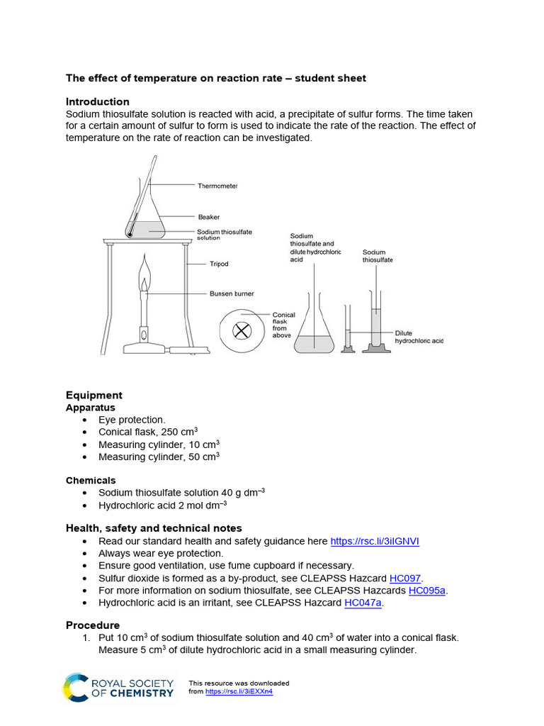 The Effect of Temperature On Reaction Rate - Student Sheet: Apparatus ...