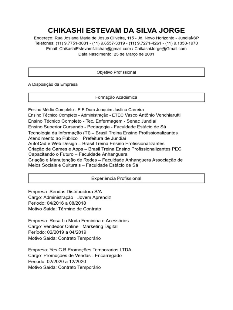 Currículo de Chikashi Estevam Jorge | PDF | Carreira e Crescimento ...
