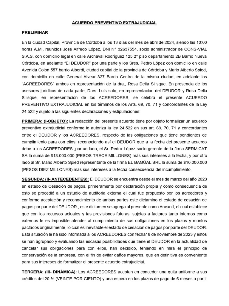 Acuerdo Preventivo Extrajudicial - Cyq | PDF | Bancarrota | Pagos