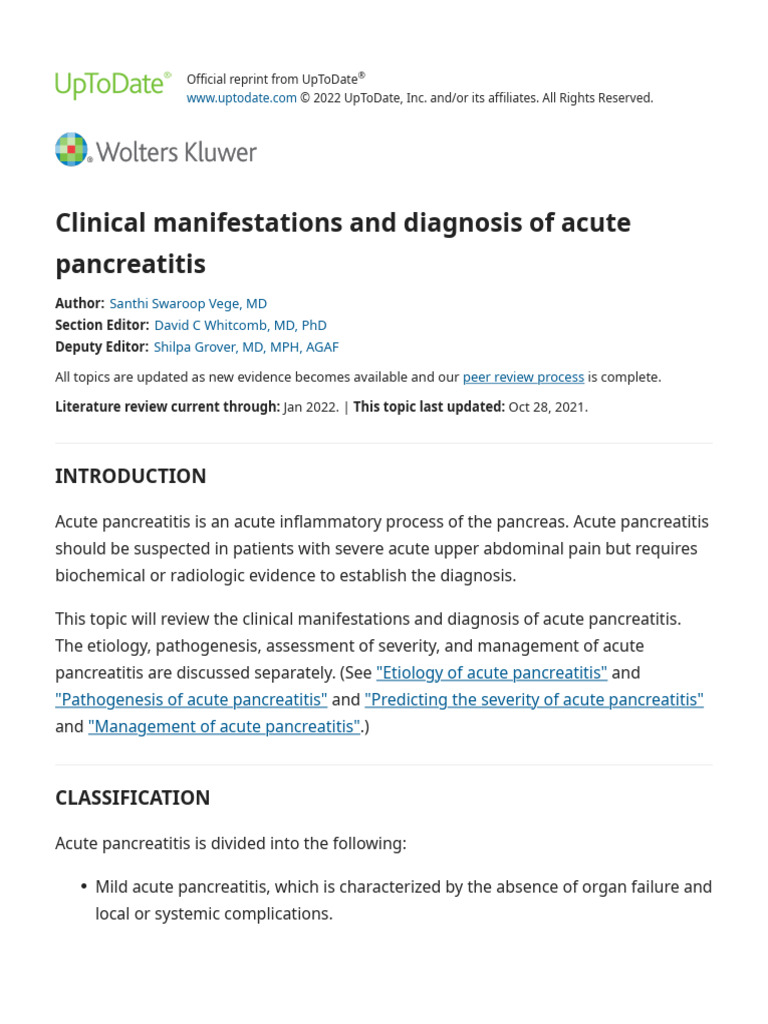 Clinical Manifestations and Diagnosis of Acute Pancreatitis - UpToDate ...