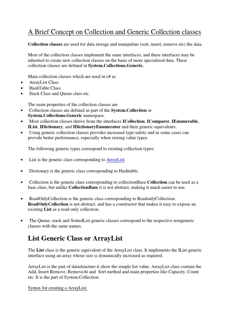 A Brief Concept On Collection and Generic Collection Classes | PDF ...