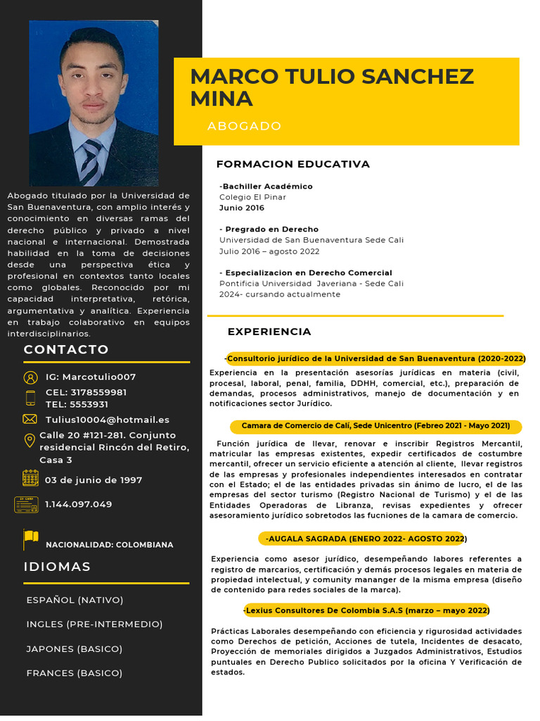 Copia de HV Marco Tulio Sanchez Mina | PDF | Abogado | Colombia