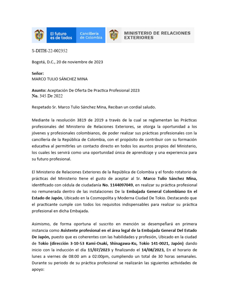 S Dith 22 002352 Marco Tulio Sanchez | PDF | Colombia | Diplomático