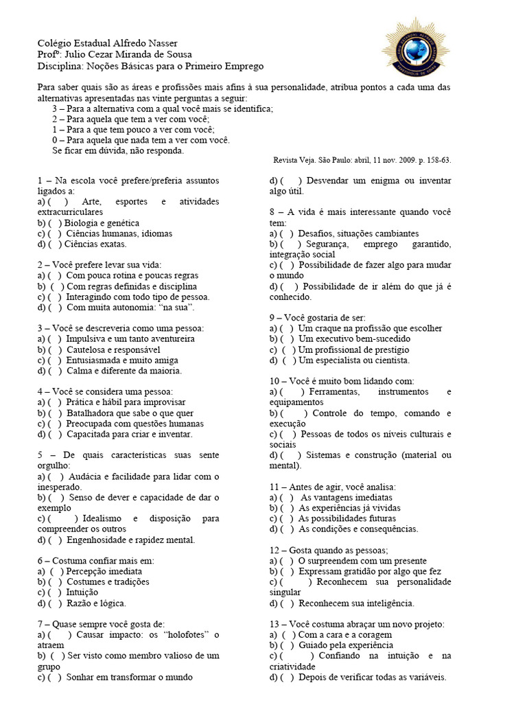 Aula 3 - Teste Vocacional | Download grátis PDF | Sociologia | Science
