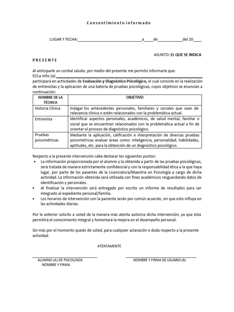 Consentimiento Informado Niños | PDF | Sicología | Evaluacion psicologica