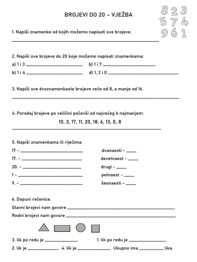 BROJEVI DO 20 - Vježba Za Ispit | PDF