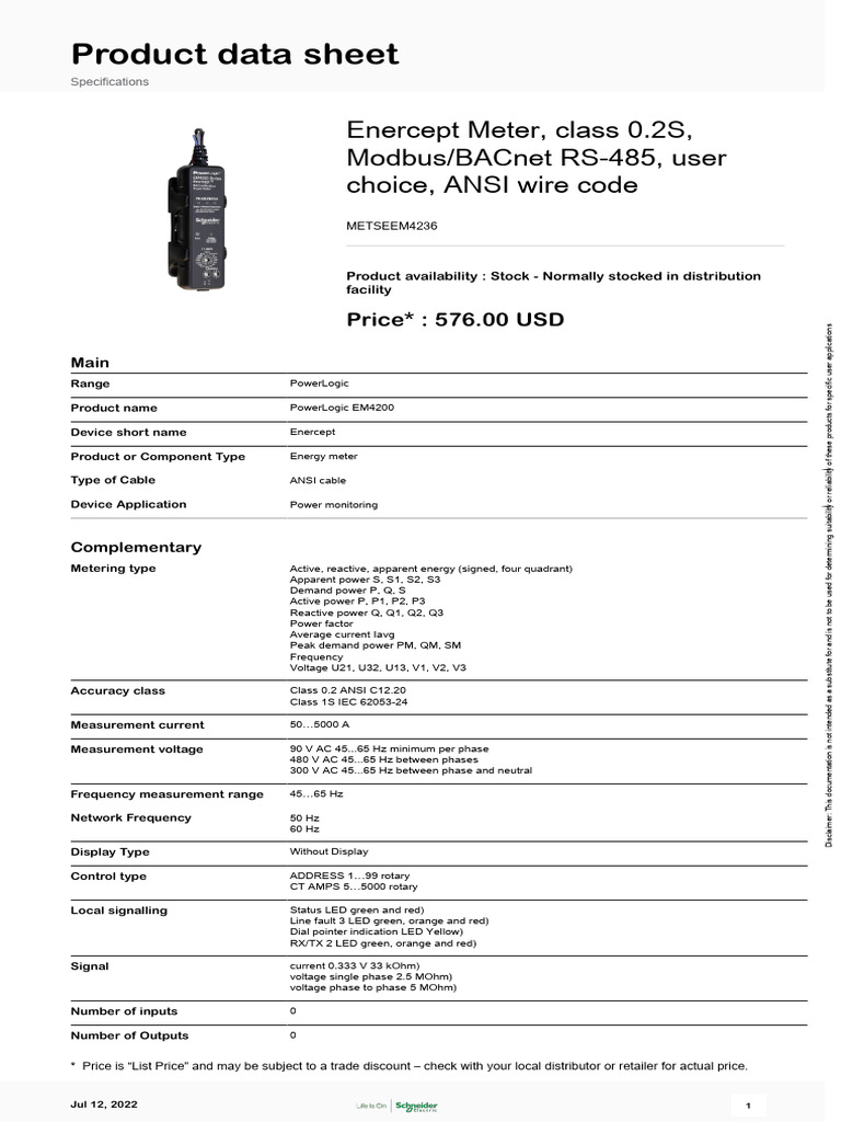Enercept Meter Specs & Details | PDF | Electrical Connector | Hertz