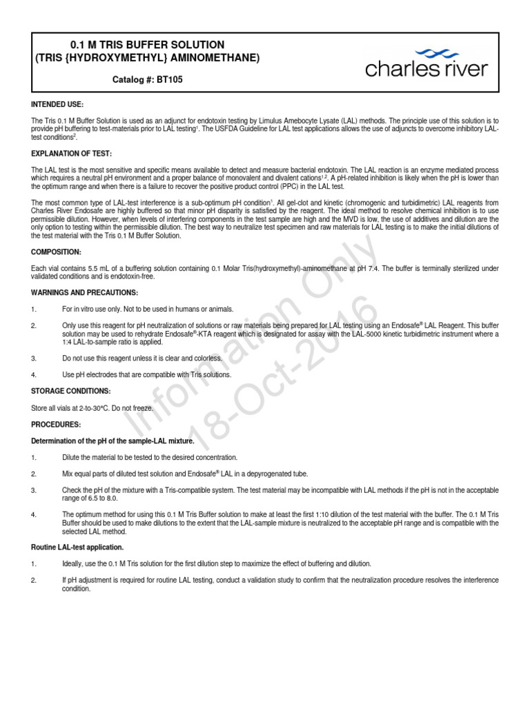 0.1 M Tris Buffer Solution, 5.5 ML Package Insert (PIBT105-01) | PDF ...