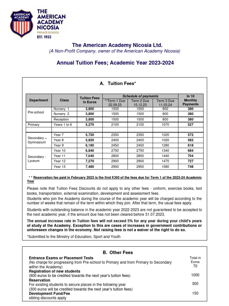 American Academy Nicosia Tuition Fees 2023-24 | PDF | Fee | Tuition ...