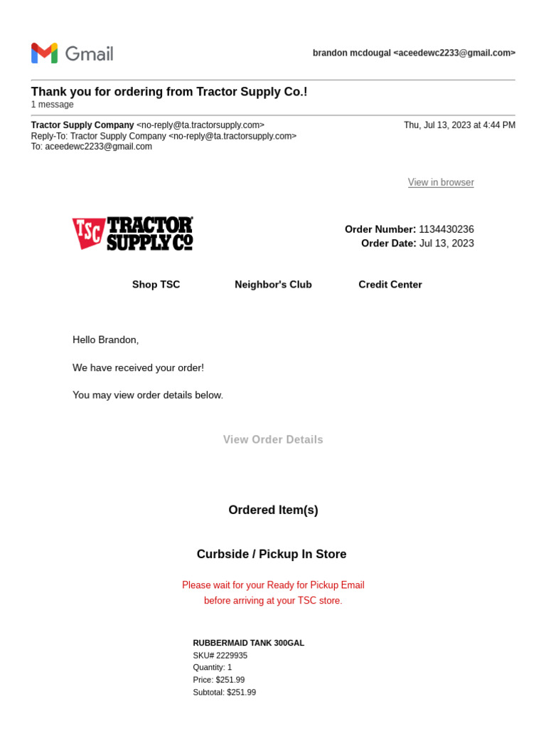Tractor Supply Order Confirmation | PDF