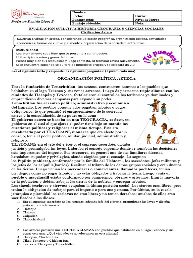 Evaluación Agosto Aztecas Imprimir | PDF | Ciencias sociales | Viajes