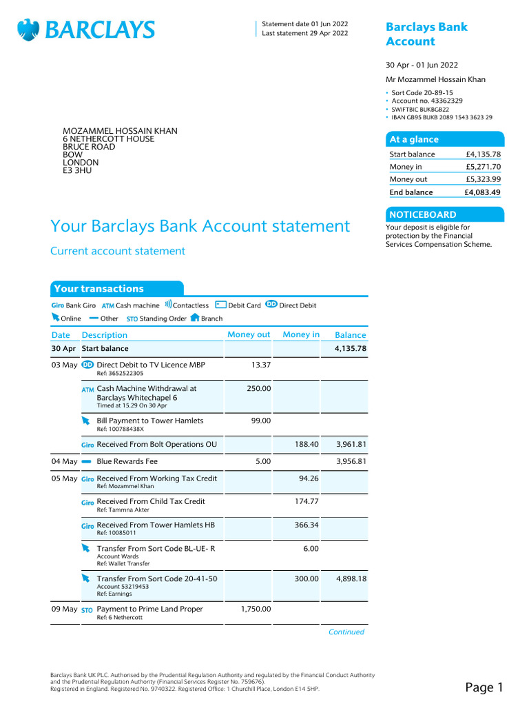 Barclays Bank Statement Overview | PDF | Overdraft | Debit Card