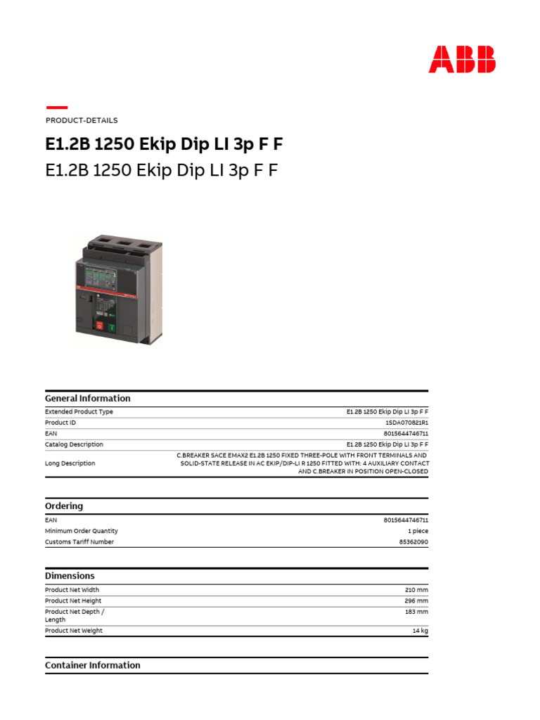 1SDA070821R1 E1 2b 1250 Ekip Dip Li 3p F F | PDF | Metrology
