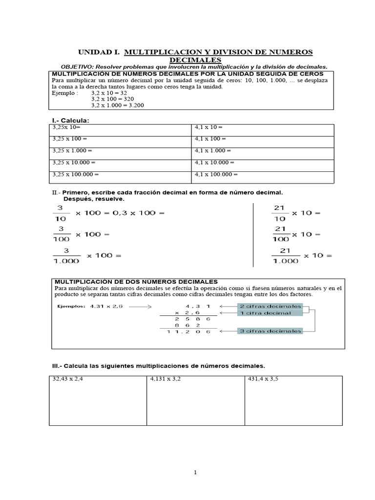 Guia de Multiplicacion y Division de Numeros Decimales 7 Miércoles ...