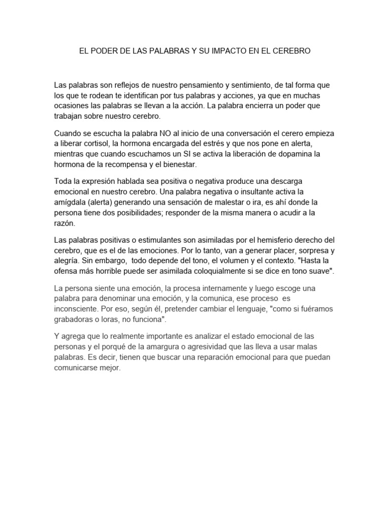 EL PODER DE LAS PALABRAS Y SU IMPACTO EN EL CEREBRO | PDF