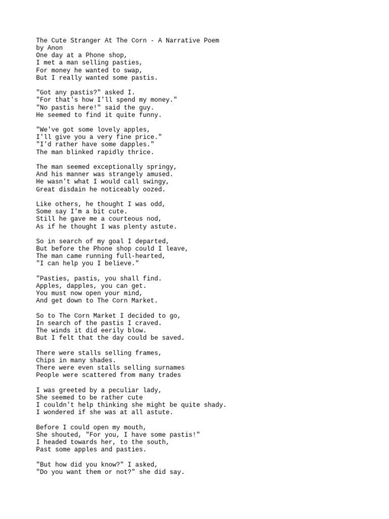 The Cute Stranger at The Corn - A Poem | PDF | Poetry