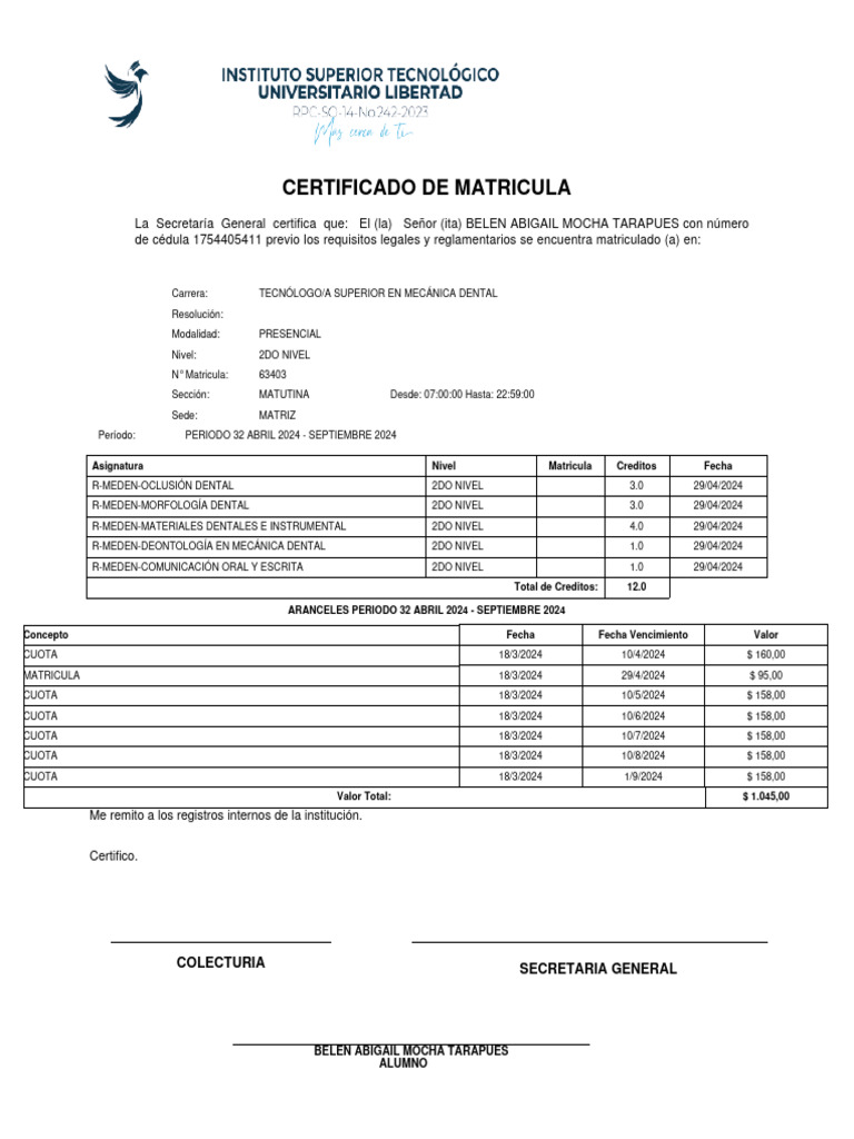Certificado Matricula Alumno20240318 193757 | PDF