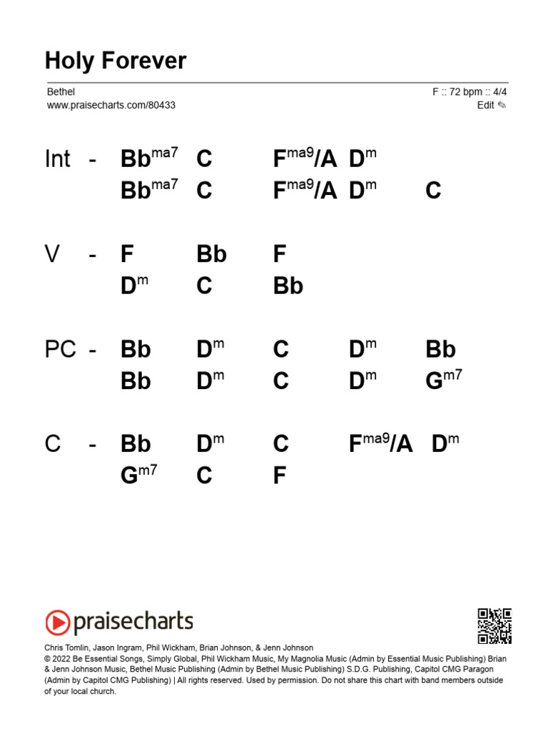 Holy Forever Bethel Music Stage Chart Download Free Pdf North