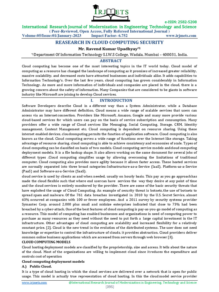 Reasearch in Cloud Computing Security | Download Free PDF | Cloud Computing | Security