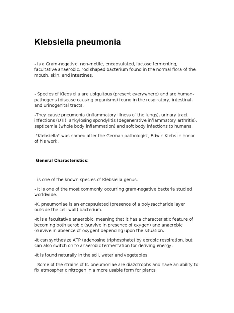 Klebsiella Pneumonia: General Characteristics | PDF | Pneumonia | Infection