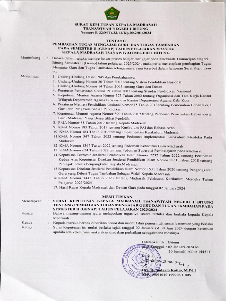 SK Pembagian Tugas Semester Genap T.P 2023 - 2024 | PDF