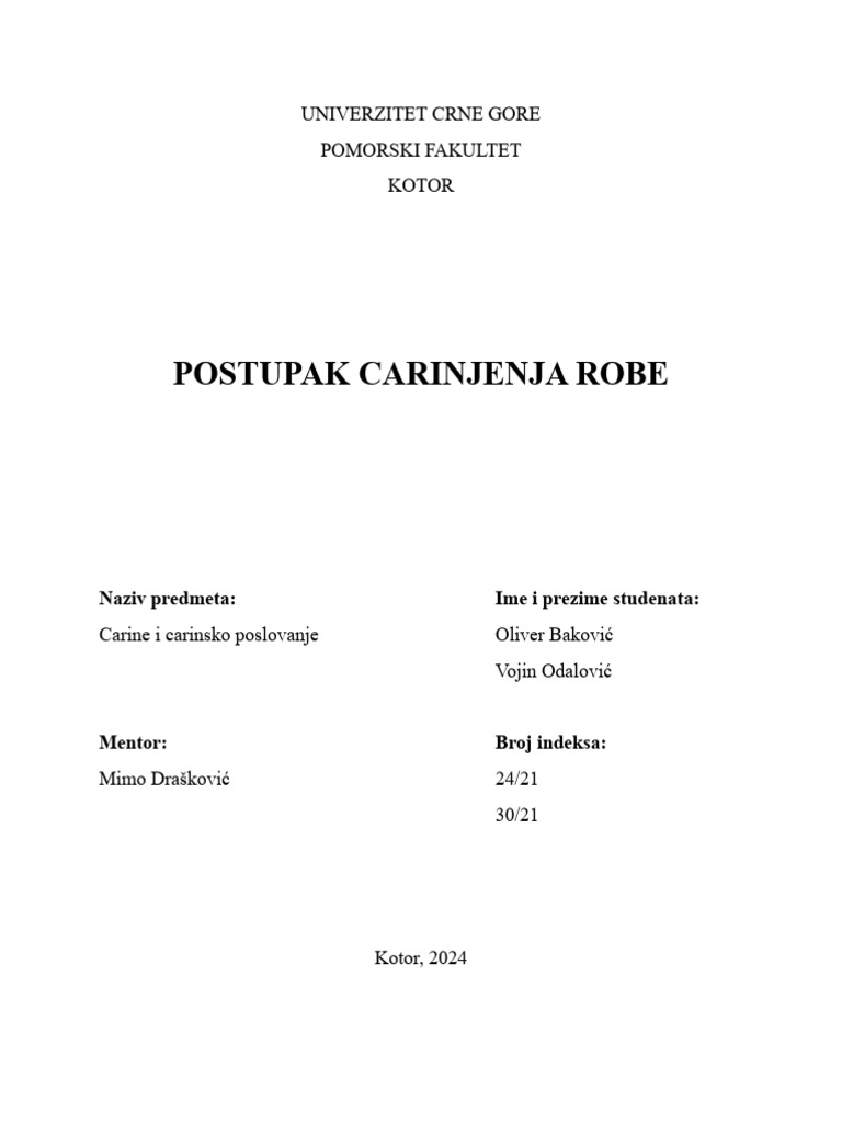 Pojam Carinjenja Robe, Bakovic, Odalovic | PDF