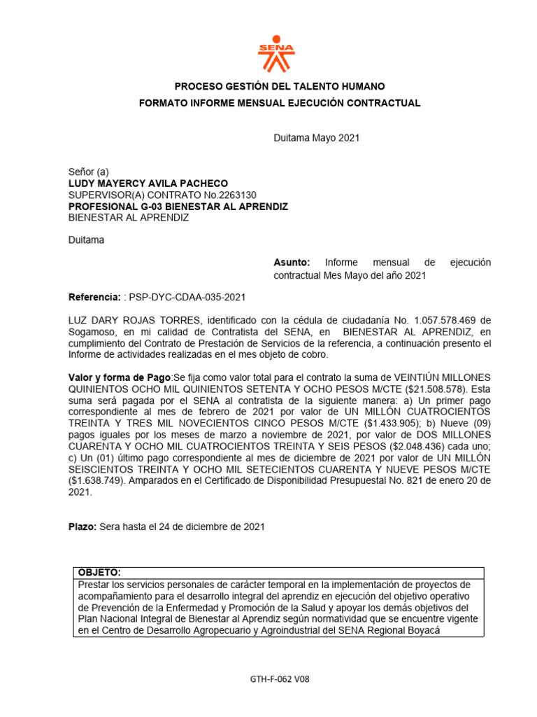 GTH F 062 V08 Formato Informe Mensual de Ejecución Contractual | PDF | Estudios de idiomas ...