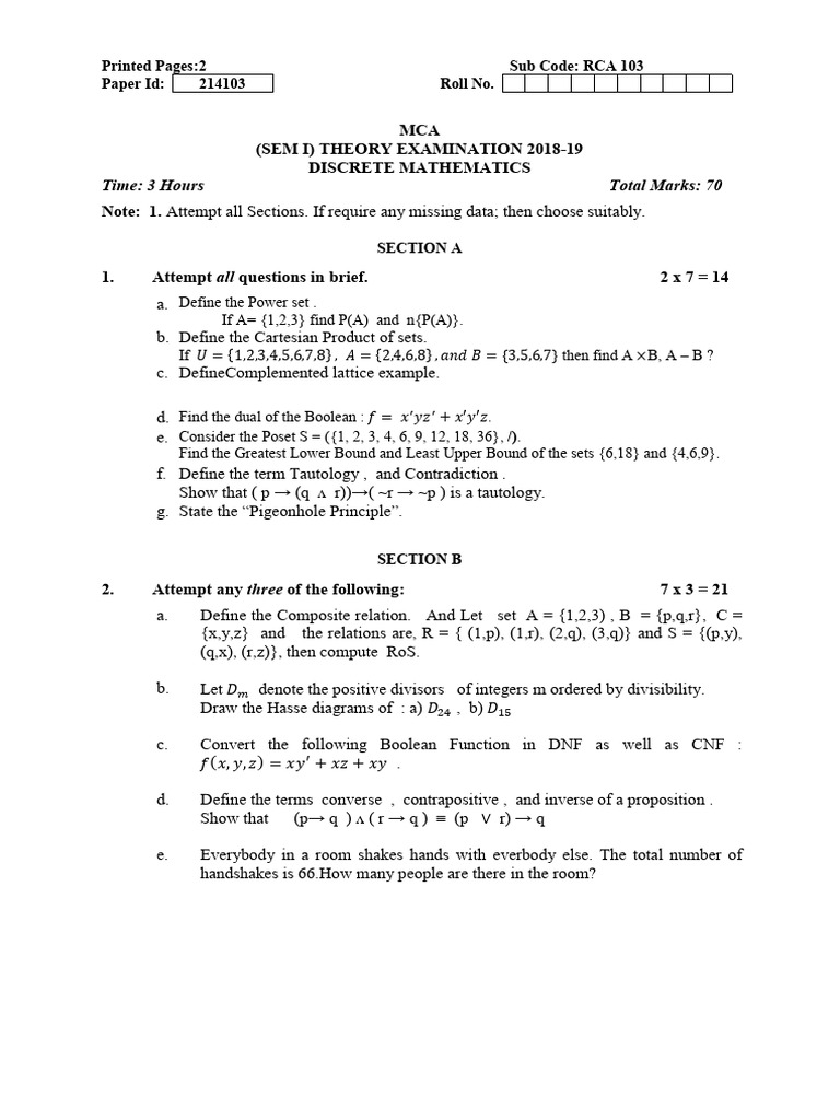 Mca 1 Sem Discrete Mathematics Rca 103 2018 19 | PDF | Boolean Algebra ... Mca 1 Sem Discrete Mathematics Rca 103 2018 19 | PDF | Boolean Algebra ...