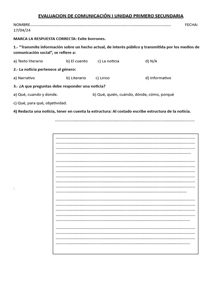 EVALUACION DE COMU I UNIDAD 1ro Maria Reyna | PDF