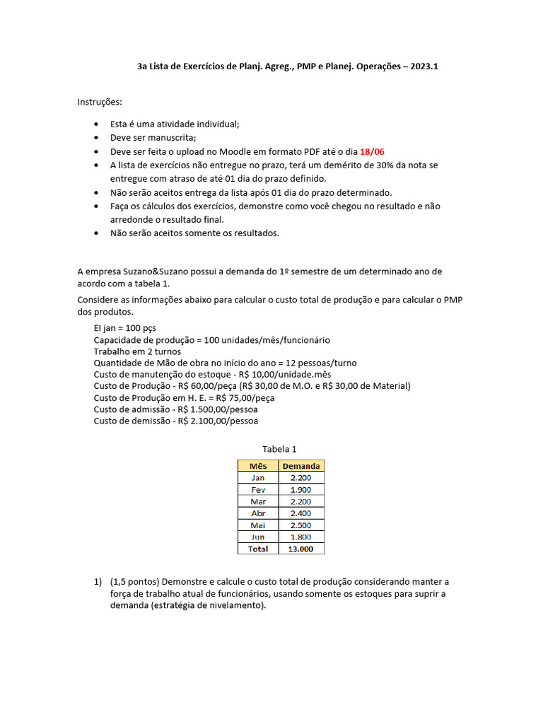 3a Lista de Exercícios de Planj. Agreg., PMP e Planej Op - 2023.1 - PL ...