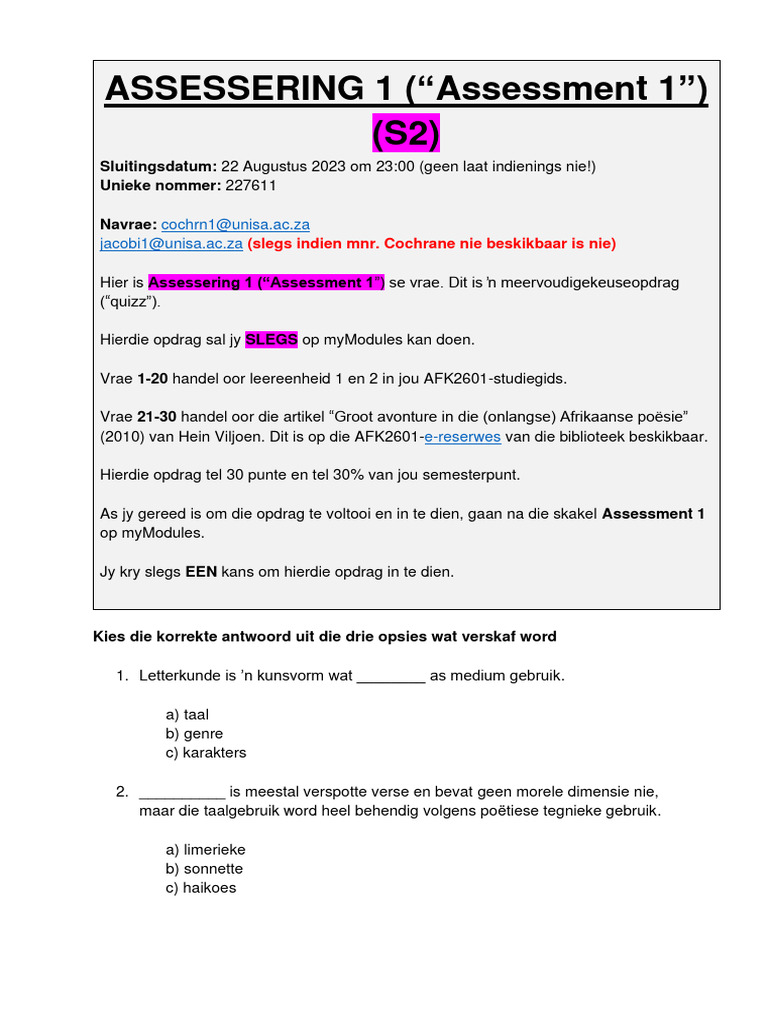 AFK2601 Assessering 1-Vrae | PDF