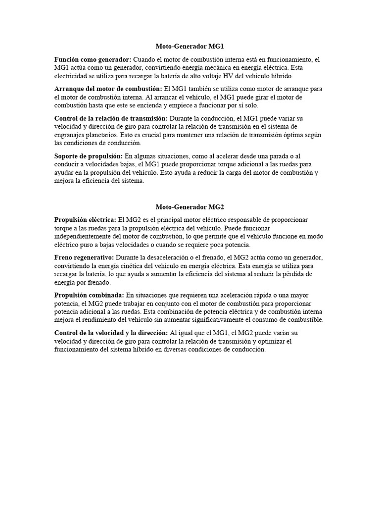 Funciones del Moto-Generador MG1 y MG2 | PDF