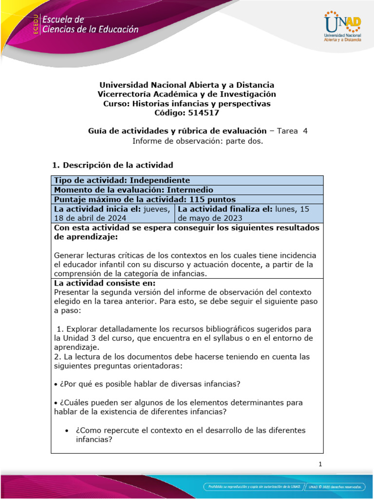 Formato-Guia de Actividades y Rúbrica de Evaluación-Tarea 4 Observación Parte Dos. | PDF ...