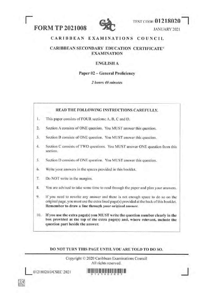 Jan 2021 p2 Csec Eng | PDF