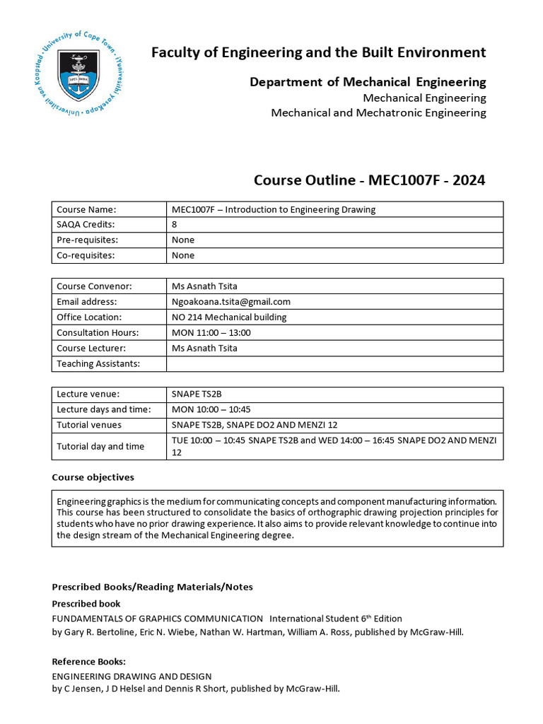 2024 - MEC1007F - Mechanical Engineering - COURSE OUTLINE | PDF ...