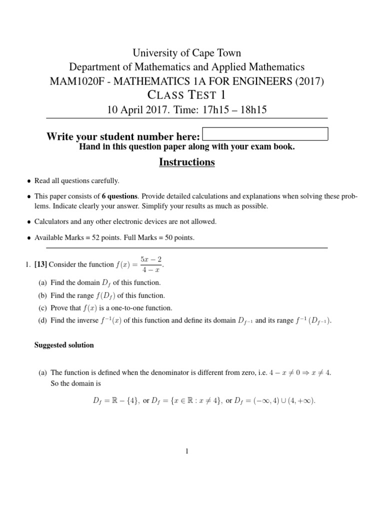Math 1A Engineering Test 1 (2017) | PDF | Function (Mathematics ...