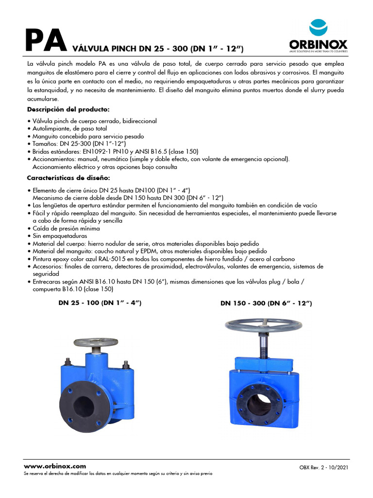 VÁLVULA PINCH DN 25 - 300 (DN 1" - 12") : Descripción Del Producto ...