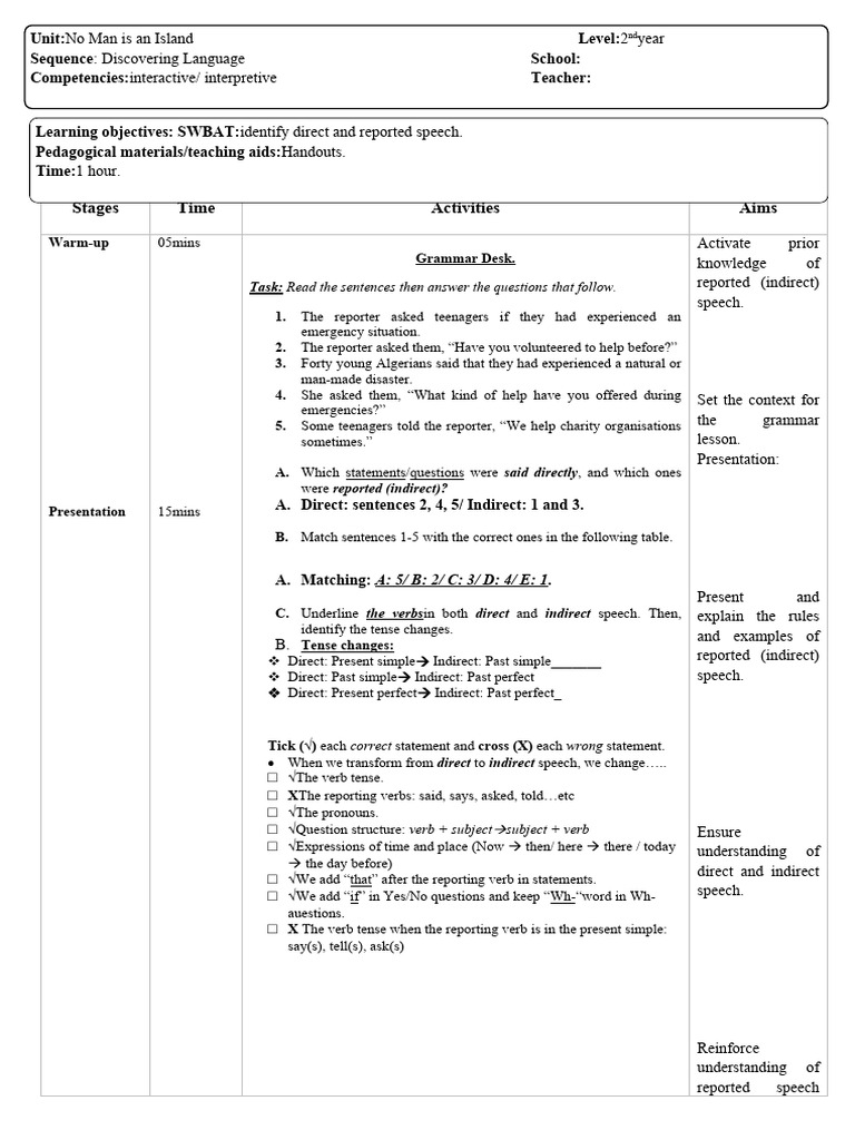 Direct vs. Indirect Speech Guide | PDF | Question | Linguistic Morphology